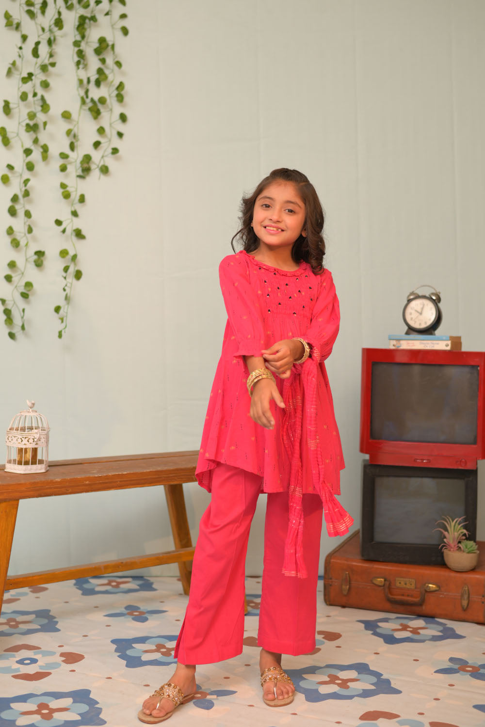 Cotton Jacquard Shocking Pink Stitched Suit - Senorita – Janan