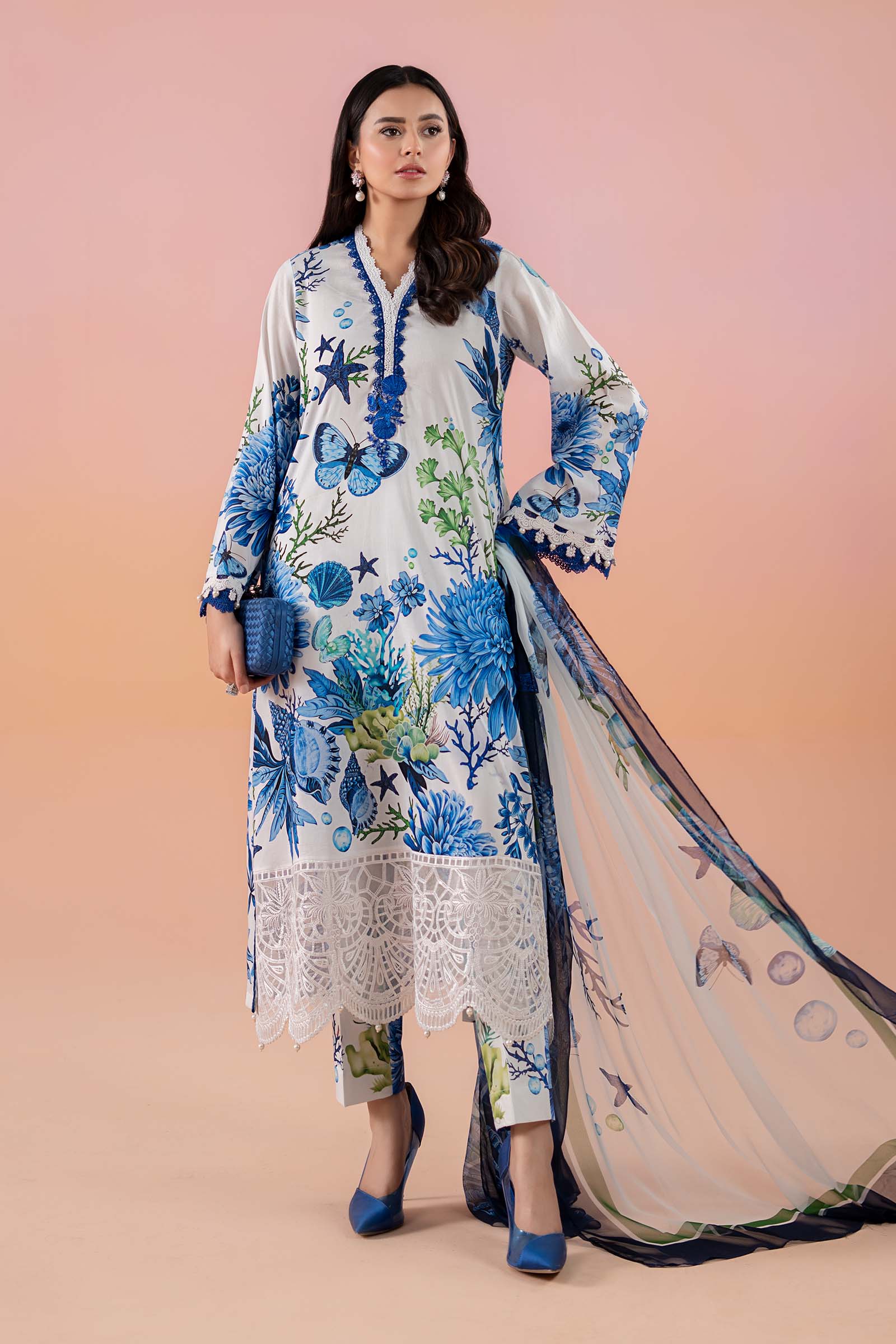 Printed Lawn Blue & White Stitched Suit - Maria B M Prints – Janan