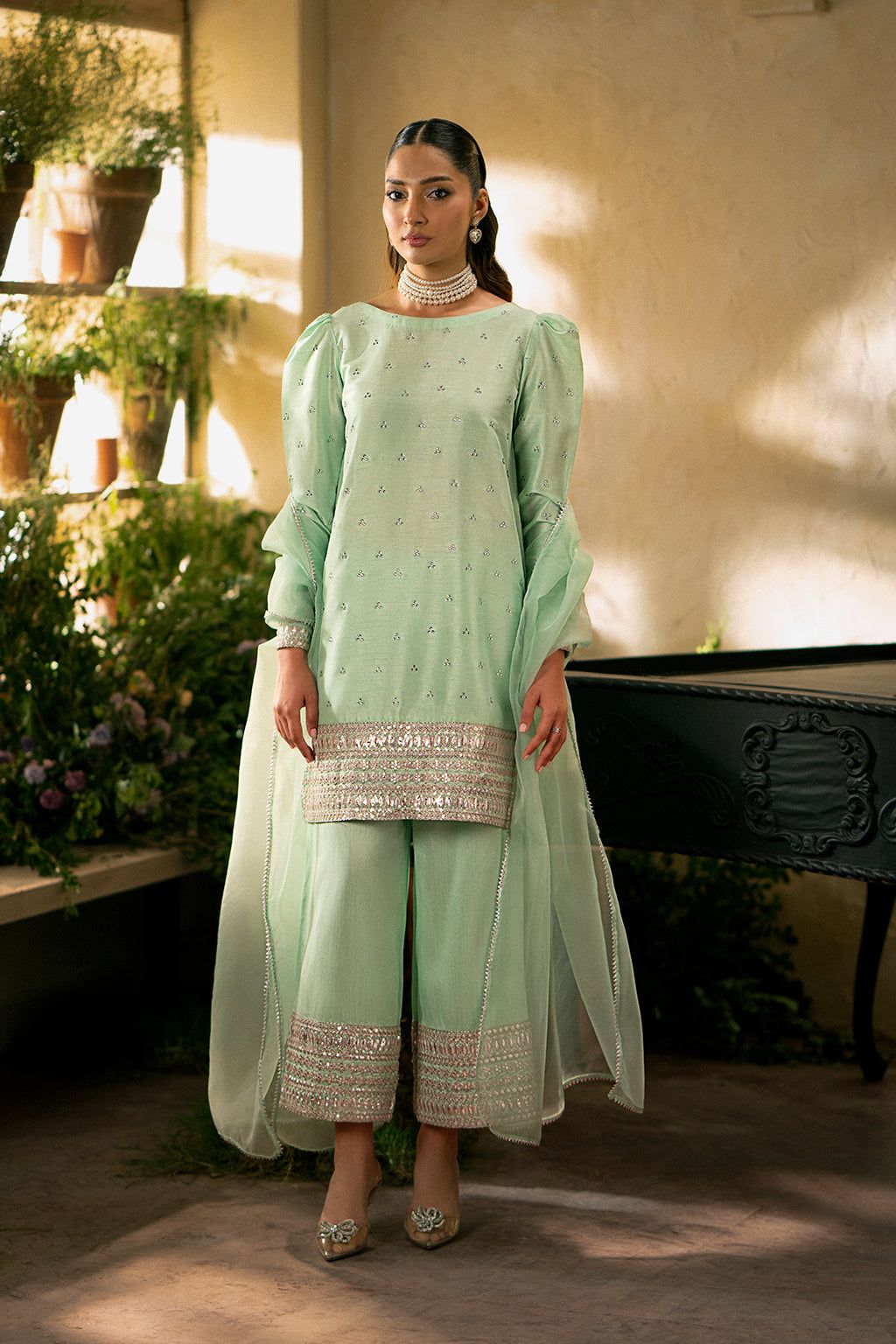 Cherry Silk & Organza Light Green Stitched Meraki Formal Collection ...