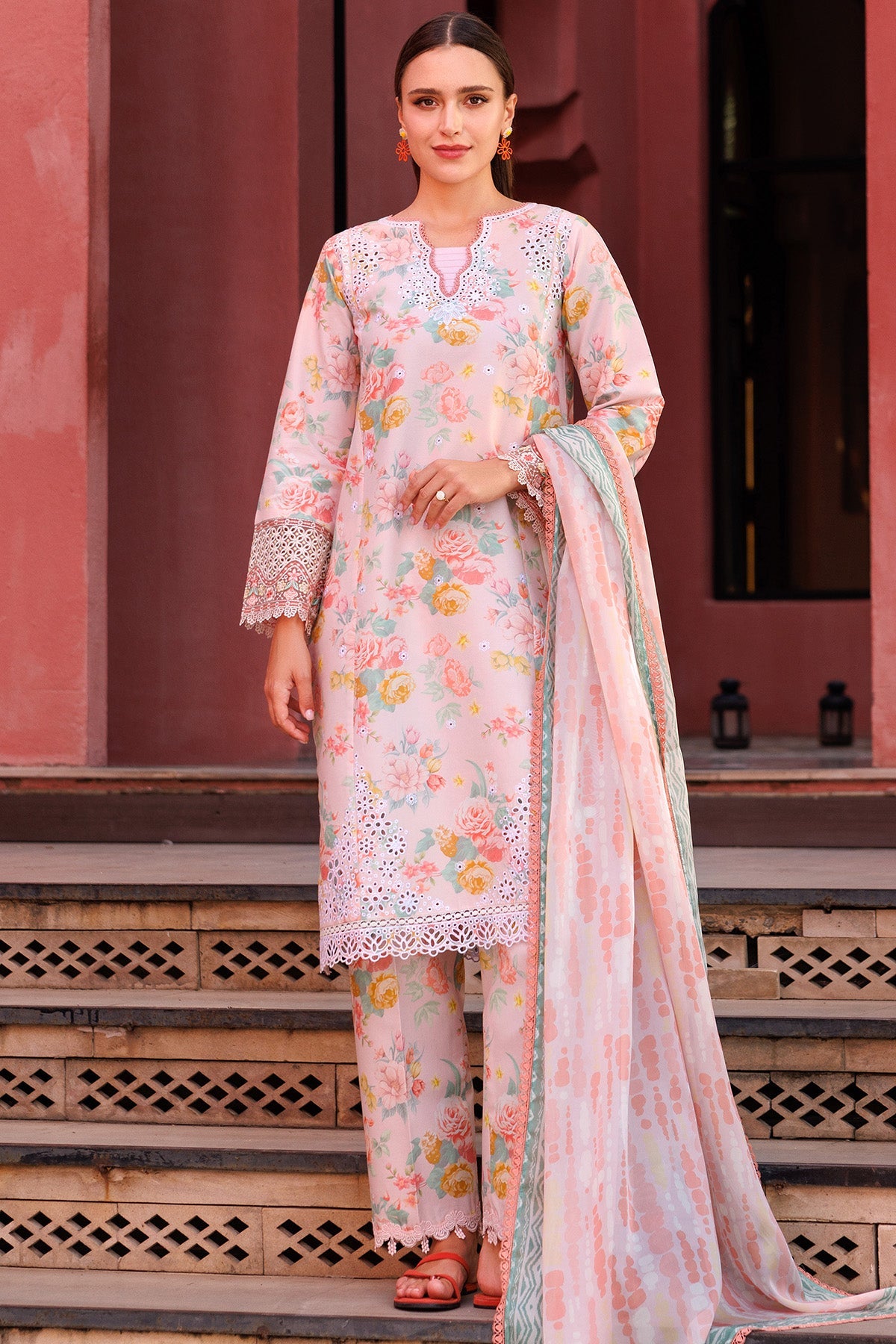 Peach Glow Farasha Printed Essentials Stitched Janan