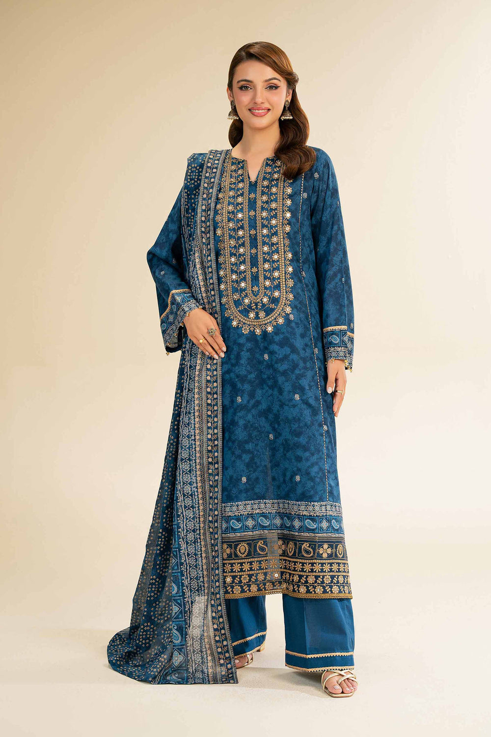 Gold Printed Embroidered Blue Stitched Suit - Nishat – Janan
