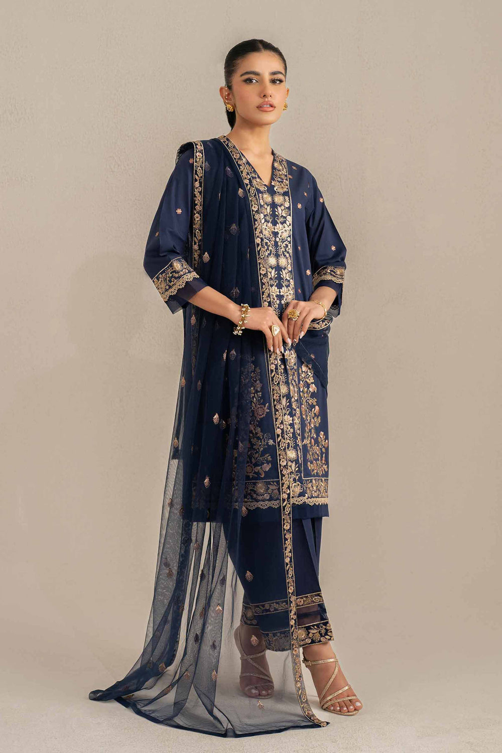 Embroidered Navy Blue Stitched Suit - Nishat – Janan