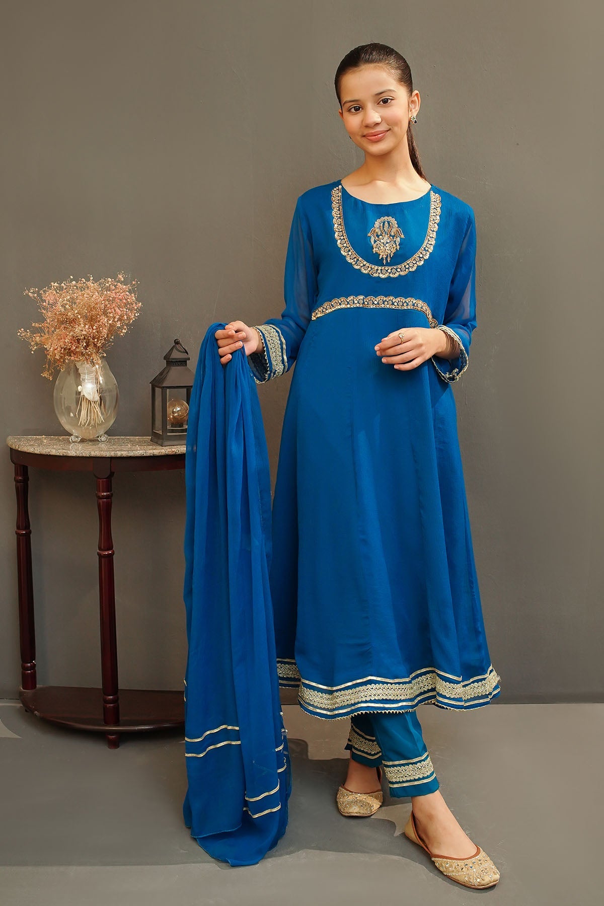 Chiffon Hand Adda Work Blue Stitched Suit - Ochre – Janan