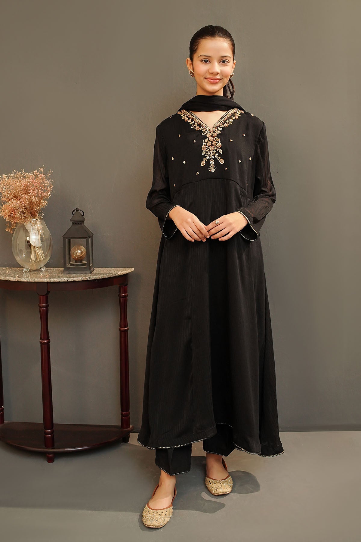 Chiffon Hand Adda Work Black Stitched Suit - Ochre – Janan