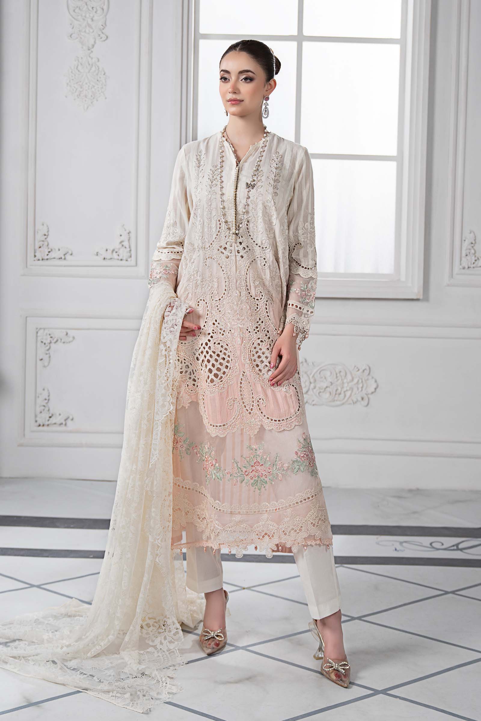 Embroidered Dobby Cream Stitched Suit - Maria B Luxury Lawn – Janan
