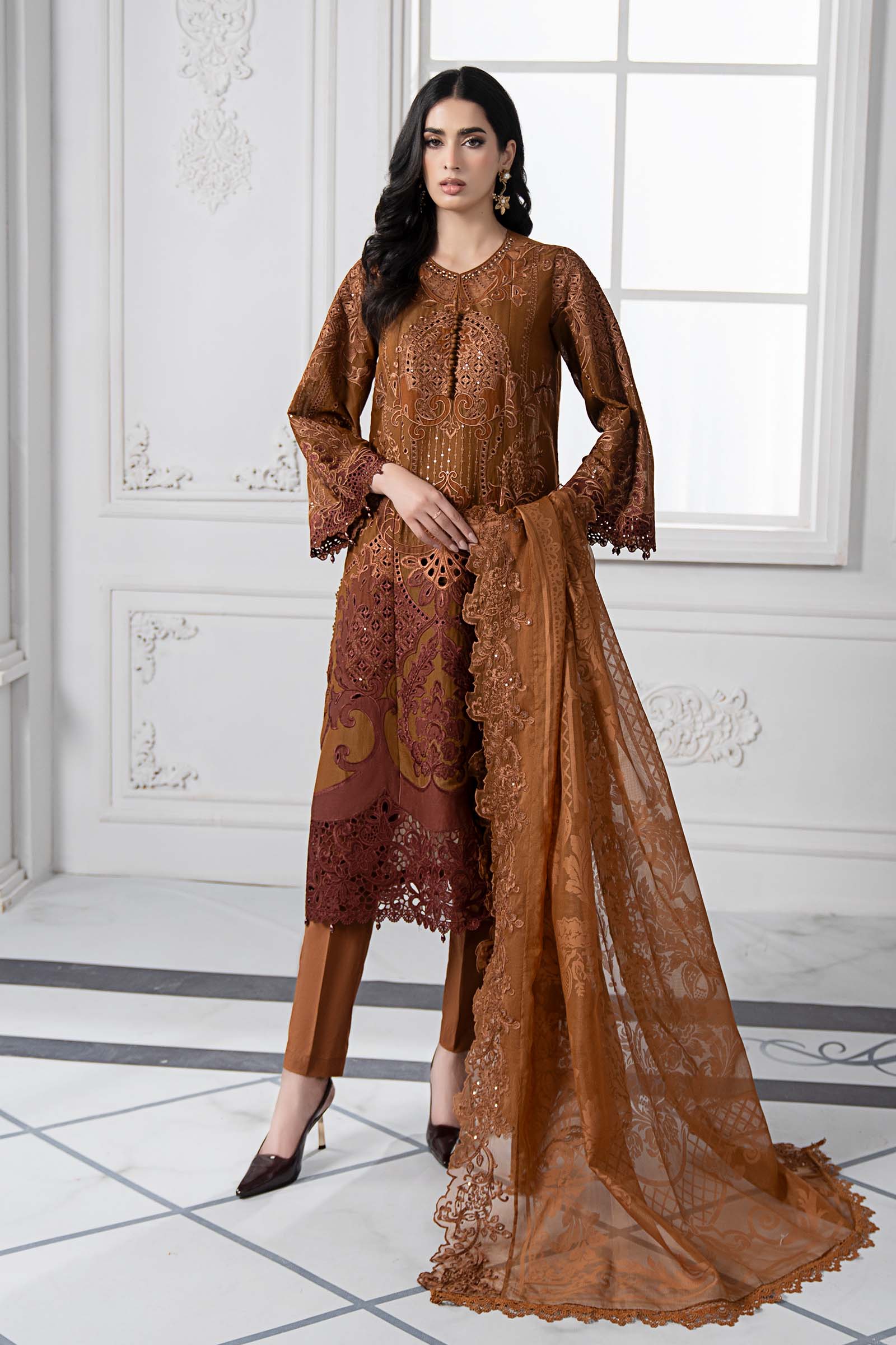 Embroidered Paper Cotton Brown Stitched Suit - Maria B Luxury Lawn – Janan