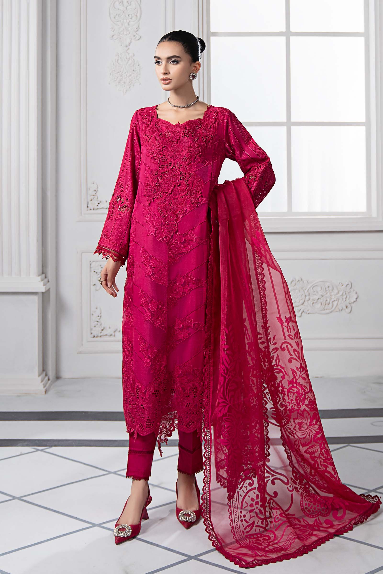 Embroidered Maroon Stitched Suit - Maria B Luxury Lawn – Janan