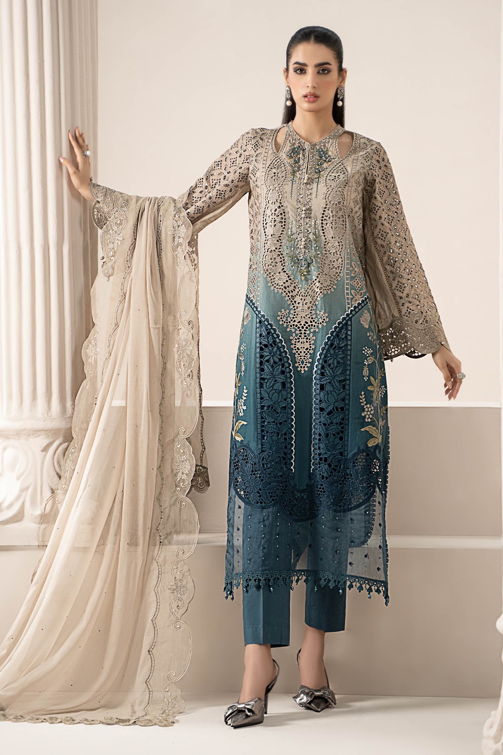 Embroidered Lawn Beige Stitched Suit - Maria B – Janan