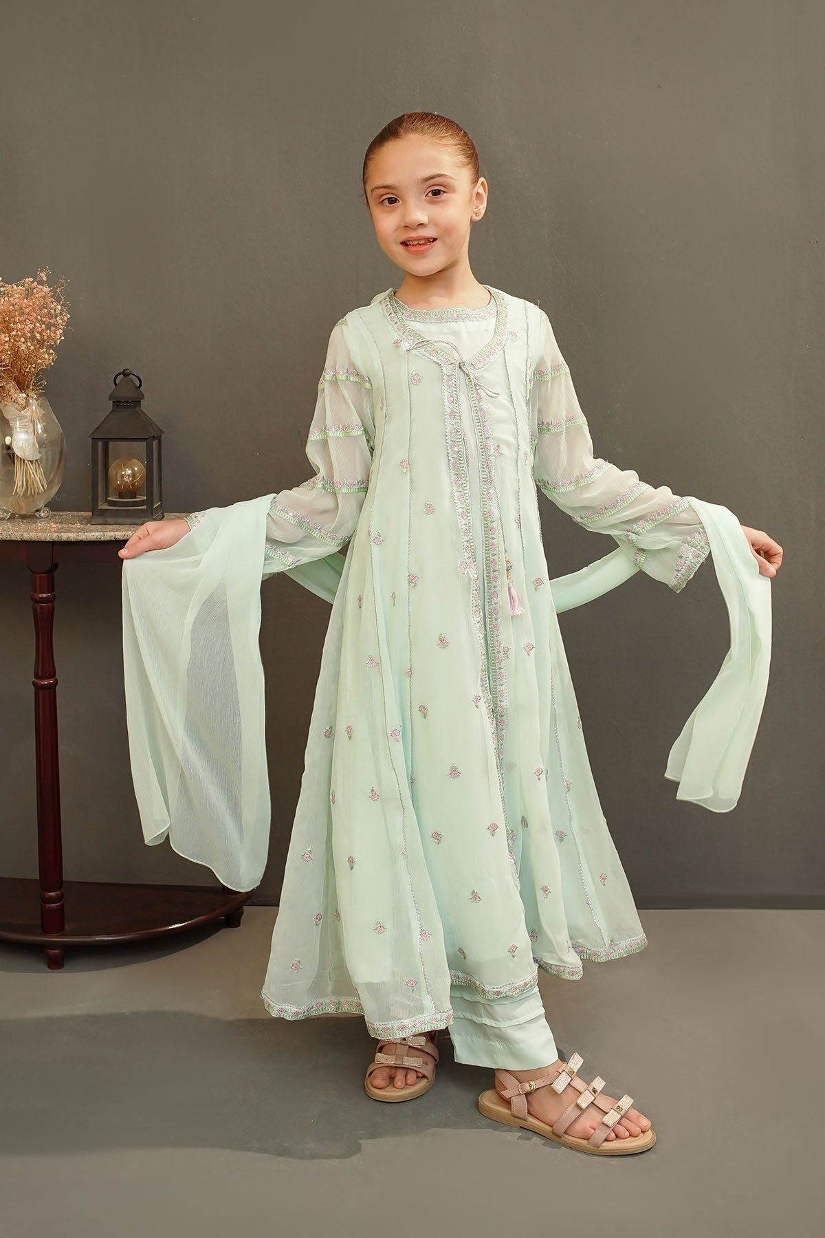 Chiffon Embroidered Mint Stitched Suit - Ochre – Janan