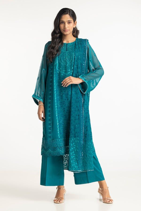 Chiffon Embroidered Blue Stitched Suit - Gul Ahmed – Janan