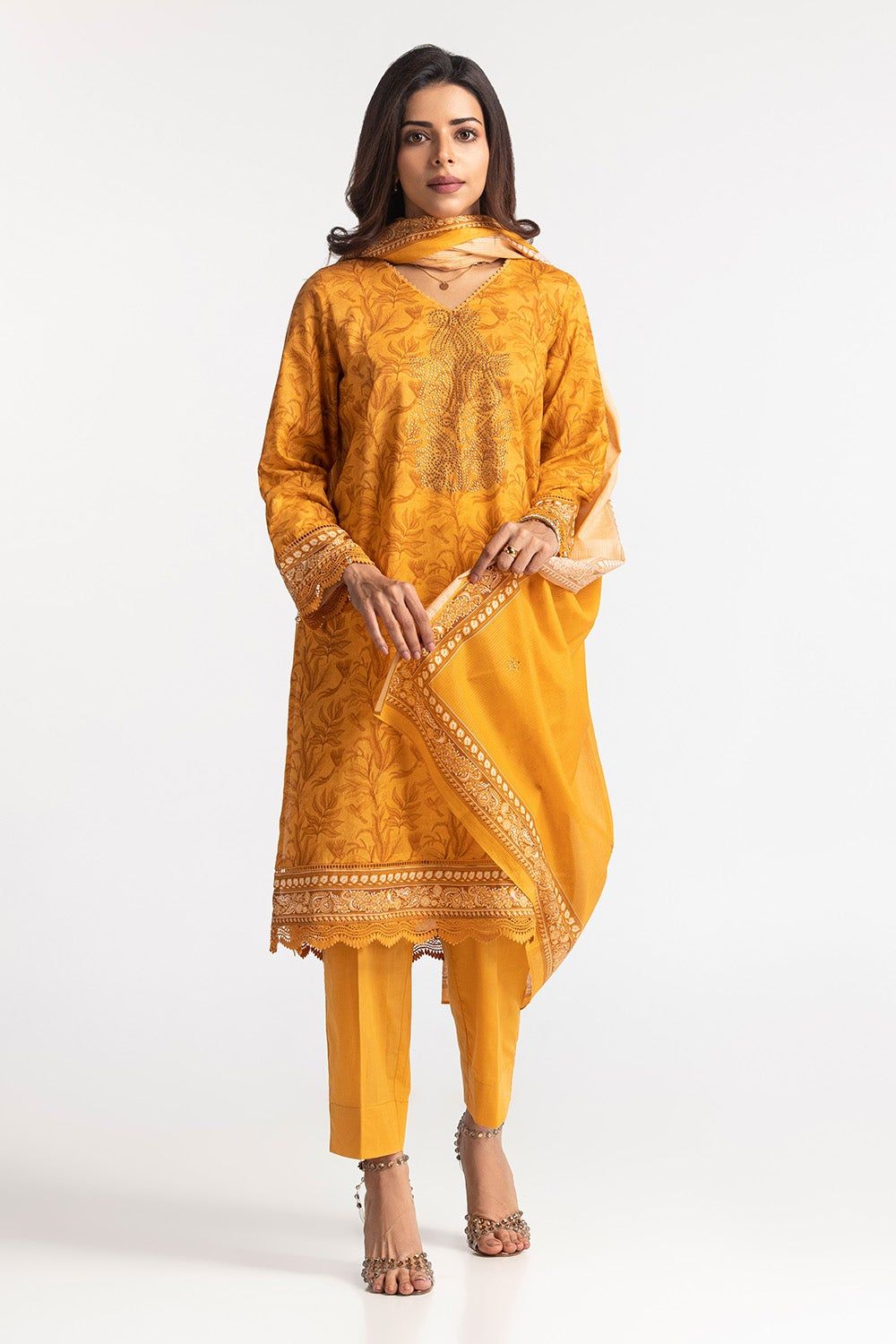 Lawn Printed Diamantes Mustard Stitched Suit - Gul Ahmed – Janan