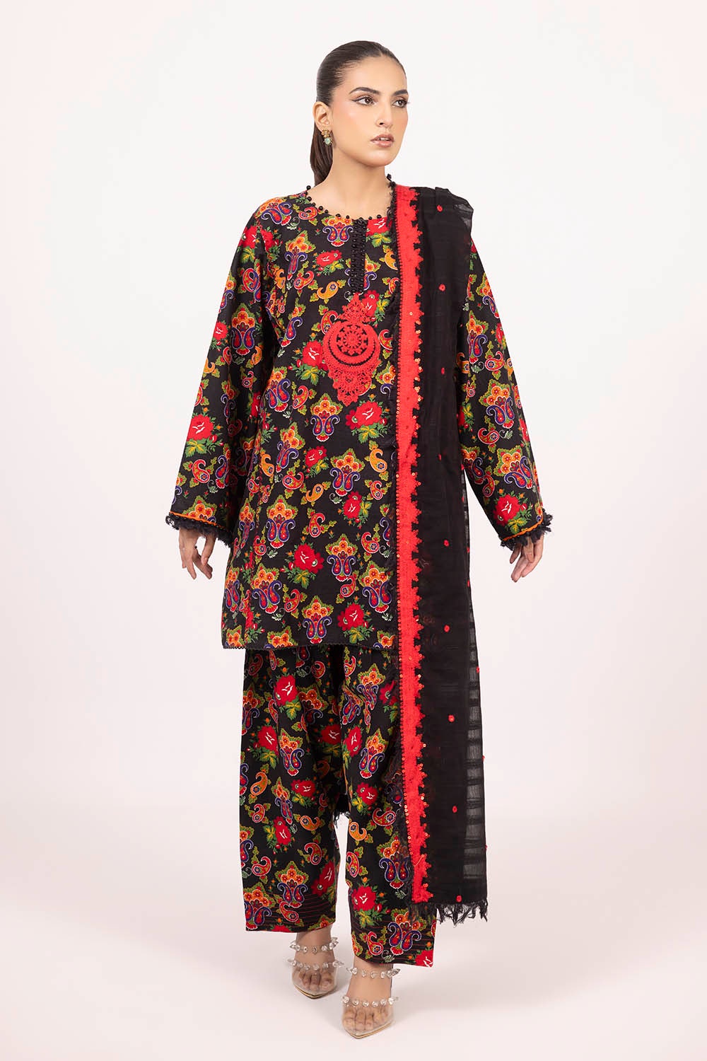 Khaddar Black & Red Unstitched Suit - Gul Ahmed – Janan