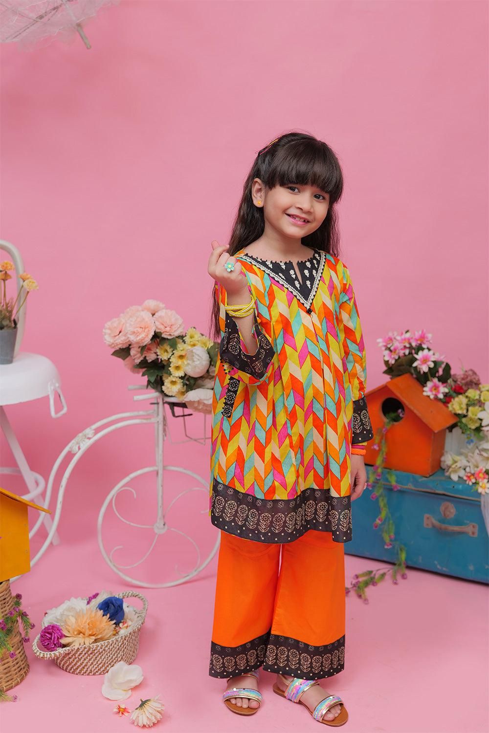 Orange & Multicolour Casual 3 Piece Suit - Senorita Kids – Janan