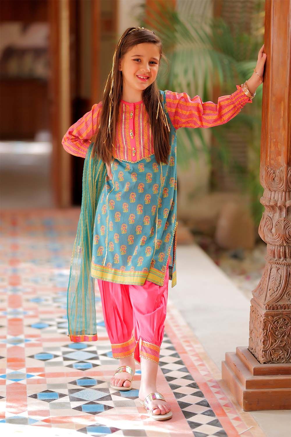 Turquoise Green & Pink 3 Piece Suit - Senorita Kids – Janan